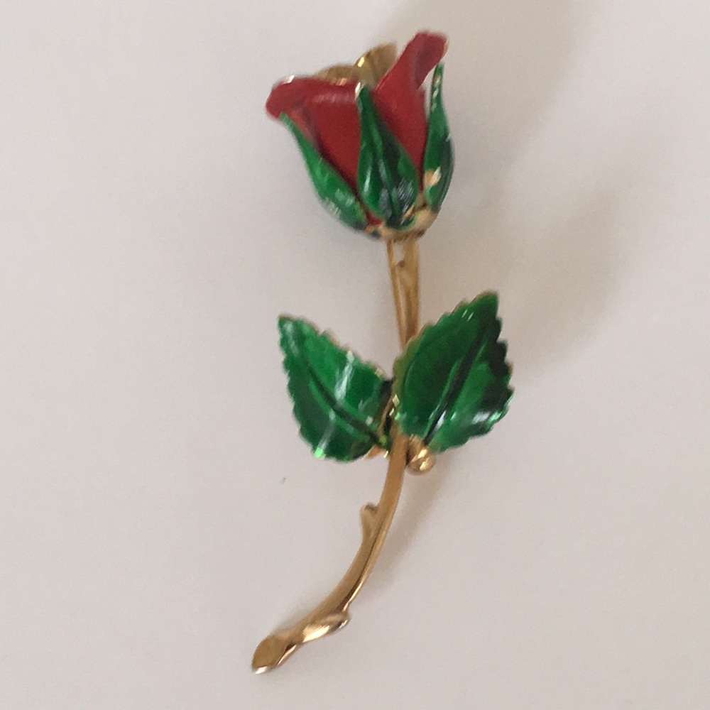 Vintage Giovanni Red Rose, Green Leaves Brooch - Gem